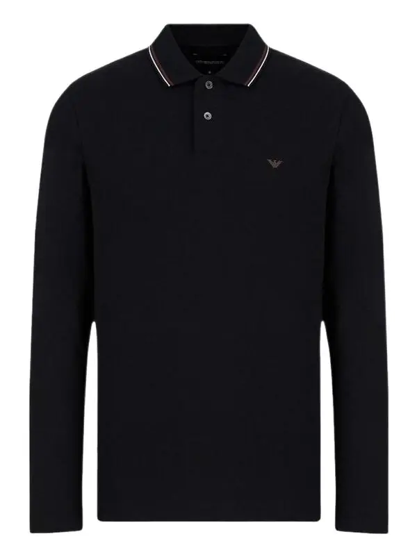 Emporio Armani Micro Eagle Embroidered Long-sleeved Stretch Pique Polo Shirt - Black