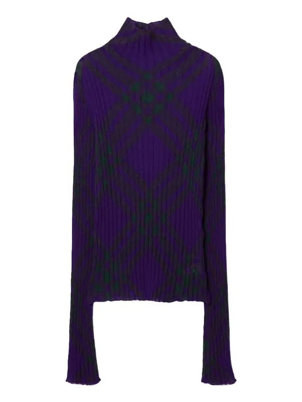 Burberry Checked Ribbed High Neck Jumper - Black