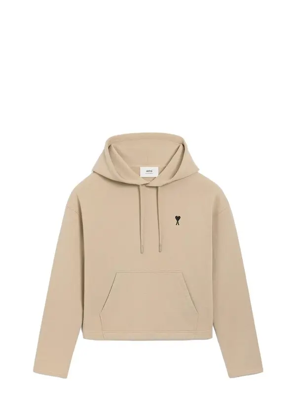 Ami Cotton Fleece Hoodie With Heart Embroidery - White Coffee