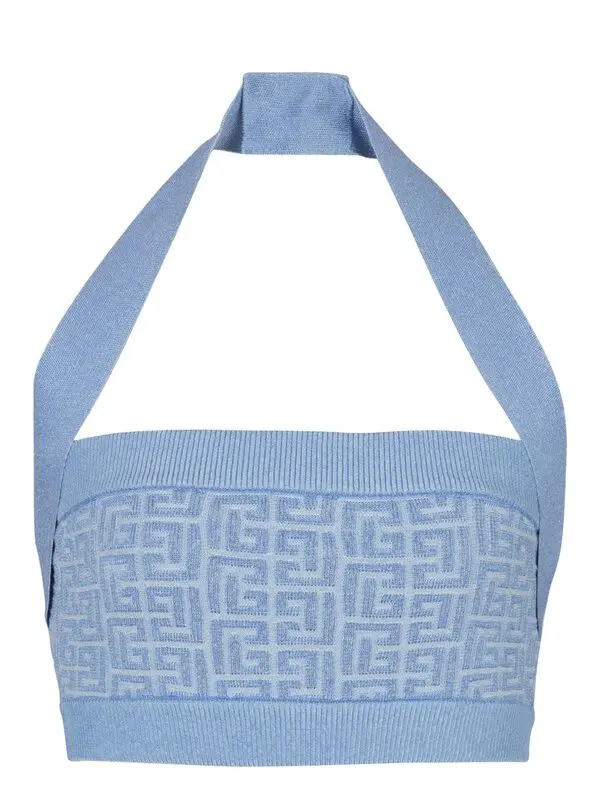 Balmain Knit Halterneck Top With Pb Labyrinth Monogram - Blue
