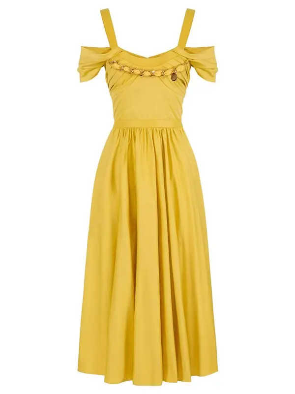 Elisabetta Franchi Off-shoulder Midi Dress With Jewel Chain - Yellow