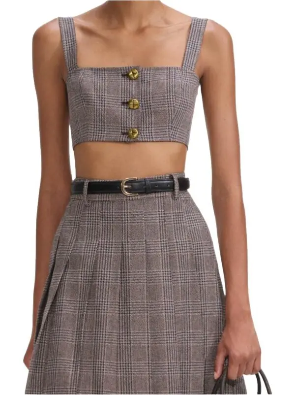 SELF-PORTRAIT Cropped Check Top - Brown