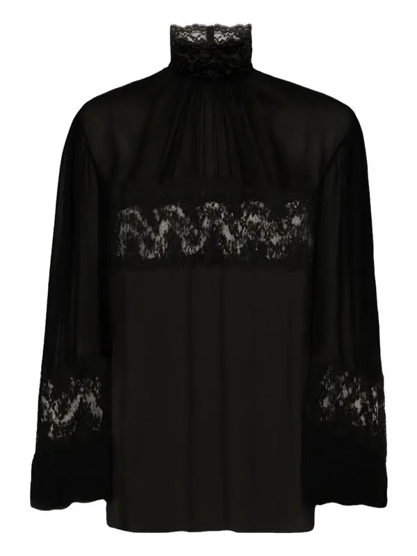 Dolce & Gabbana Lace Embellished Ruched High Neck Blouse - Black