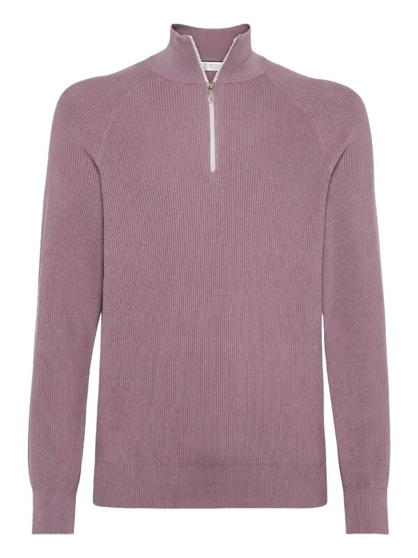 Brunello Cucinelli High Neck Knitted Jumper With Half-zippered Front - Gray