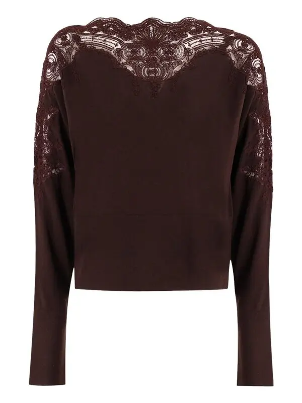 Ermanno Scervino Lace-embellished Long-sleeve Sweater - Deep Mahogany/vino