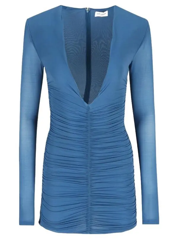 Saint Laurent Draped V-neck Long-sleeved Dress - Blue