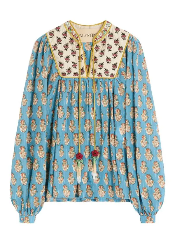 Valentino Garavani Cotton And Lurex Top With Petales D'amour Print - Blue