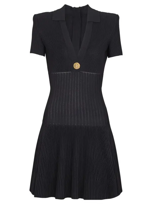 Balmain Short Flared Knit V-neck Dress With Lion Head Buttons - Black