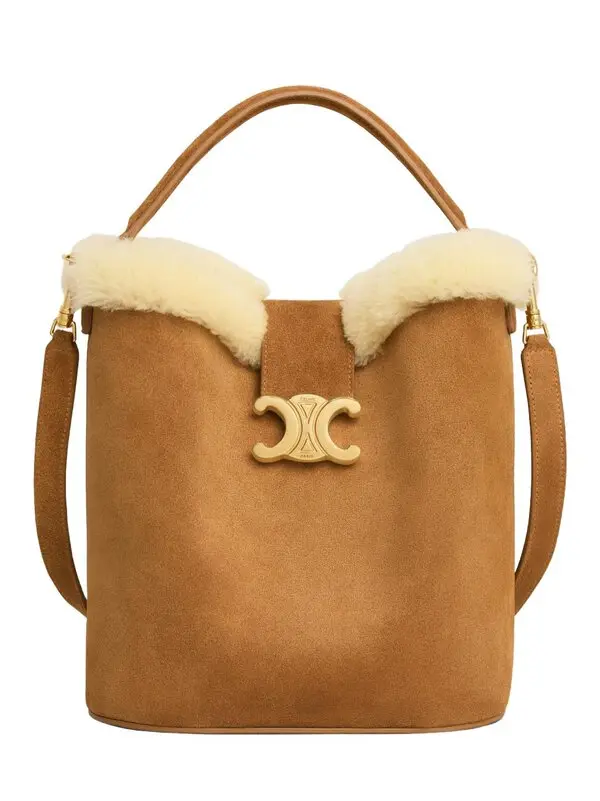 Celine Medium Louise Bag In Suede Calfskin And Shearling - Tobacco/cream