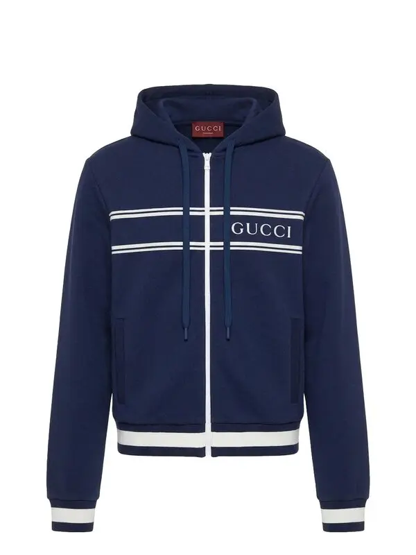 Gucci Zip-up Hooded Sweatshirt With Striped Trim - Midnight Blue