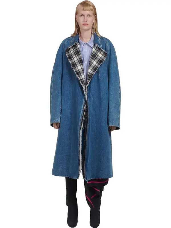 Balenciaga Checked Padded Denim Trench Coat - Blue