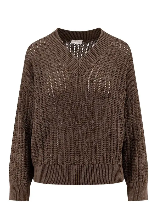 Brunello Cucinelli Monili-embellished V-neck Jumper - Chocolate-colored
