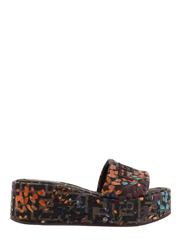 Fendi Logo Embroidered Printed Platform Sandals - Black