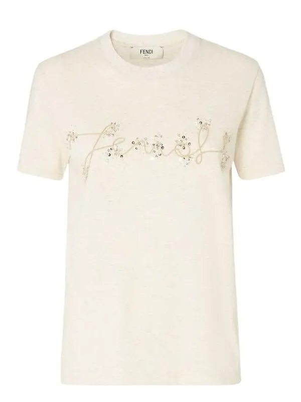 Fendi Logo Embellished Crewneck T-shirt - Beige