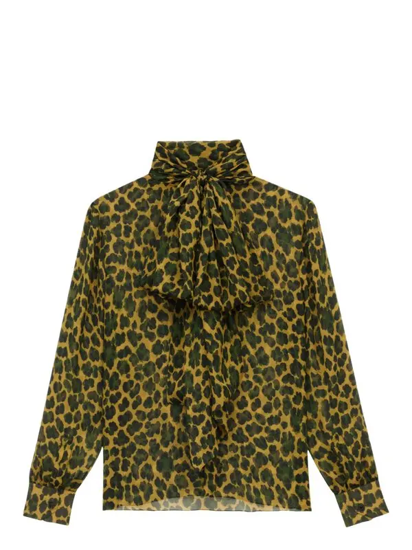 Saint Laurent Leopard Print Lavallière Blouse - Ocre/vert
