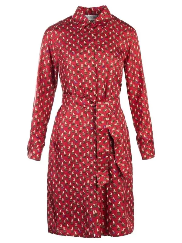 Max Mara Printed Long Sleeve Belted Dress - Red