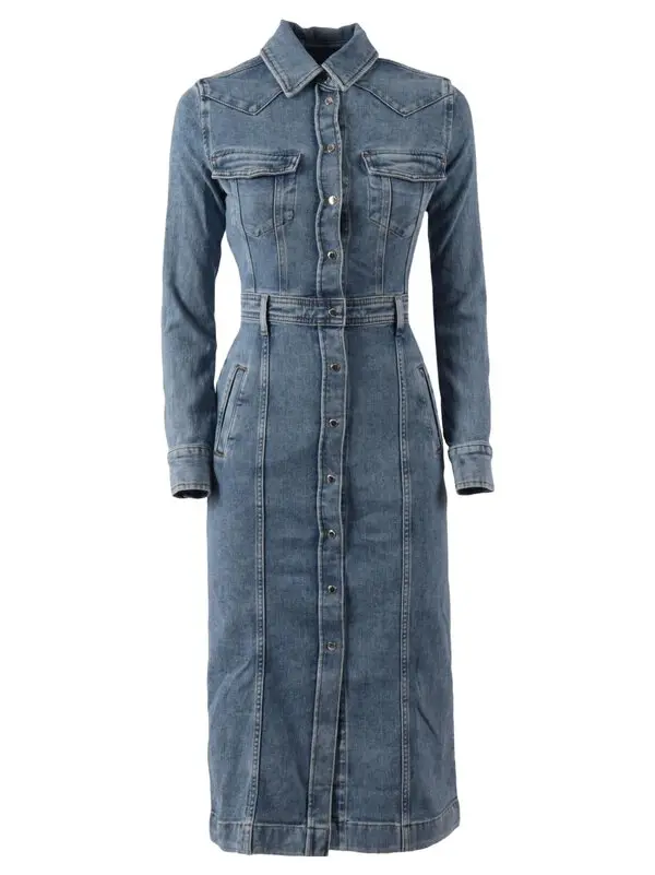 7 For All Mankind Button-up Denim Midi Dress With Classic Collar And Snap Cuffs - Blue