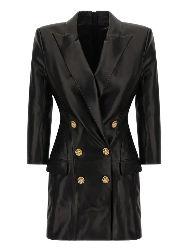 Balmain Double Breasted Leather Blazer Dress - Black