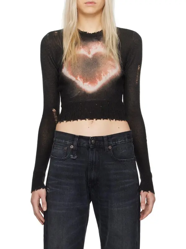 R13 Distressed Heart Print Long Sleeve Sweater - Black