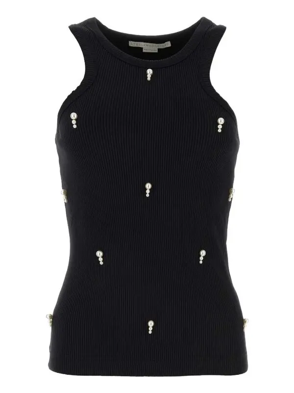 Stella McCartney Ribbed Crewneck Tank Top With Pearl Embellishments - Black