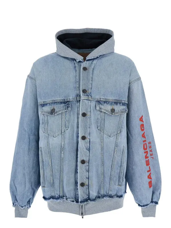 Balenciaga Hooded Denim Jacket With Buttoned Chest Pockets - Light Blue