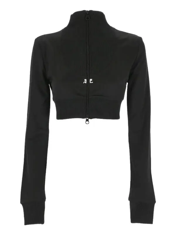 COURREGES Courrèges Ribbed Cropped Zip-up Sweatshirt With Stand Collar - Black