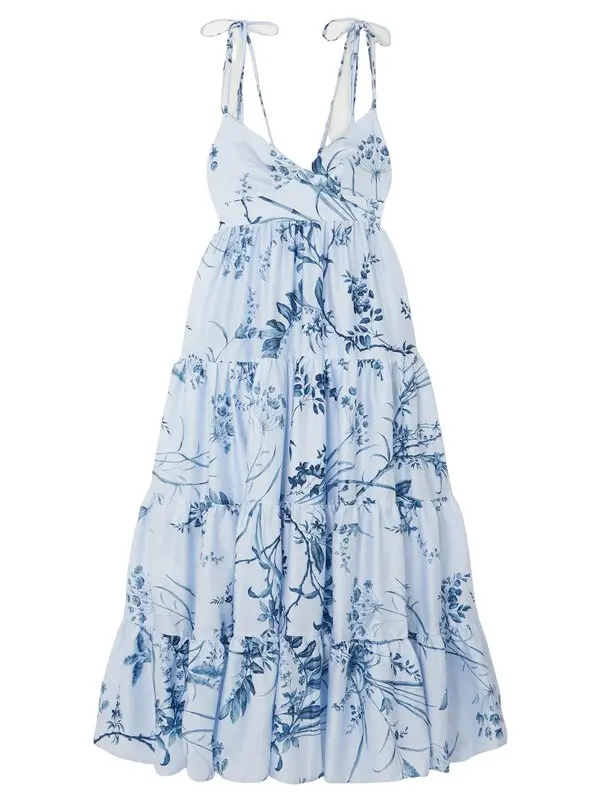 Erdem Layered Floral Maxi Dress With V-neck And Lacing Straps - White