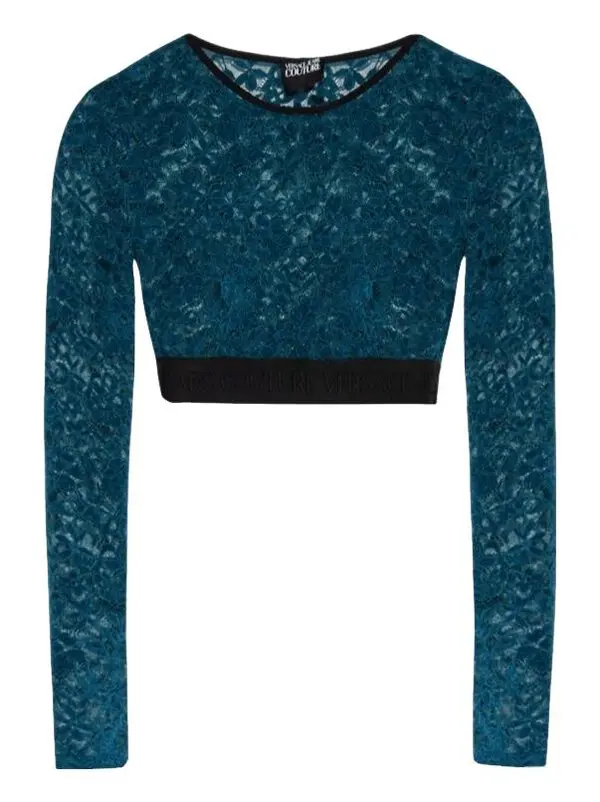 Versace Long-sleeved Floral Lace Cropped Top - Blue