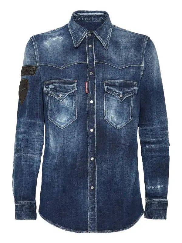 Dsquared2 X Ducati Denim Fashion Distressed Western Shirt - Blue