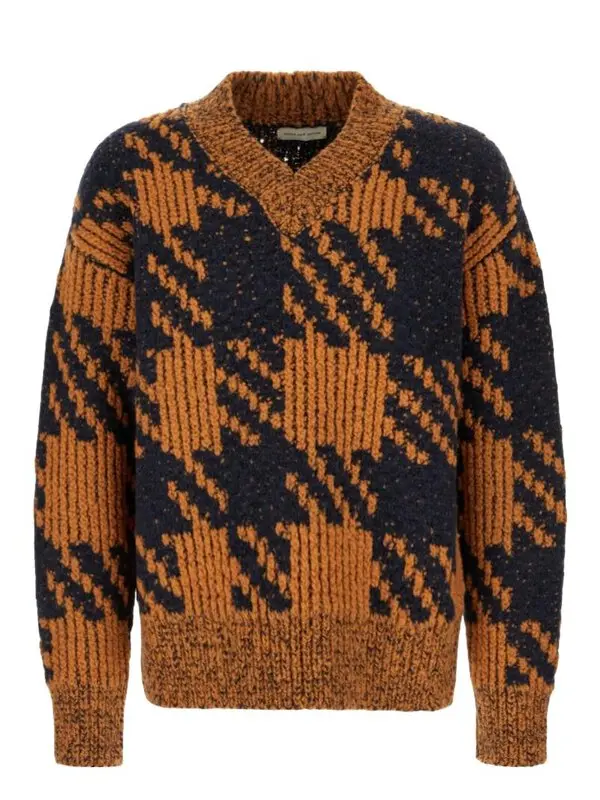 Dries Van Noten Houndstooth Knit V-neck Jumper - Brown
