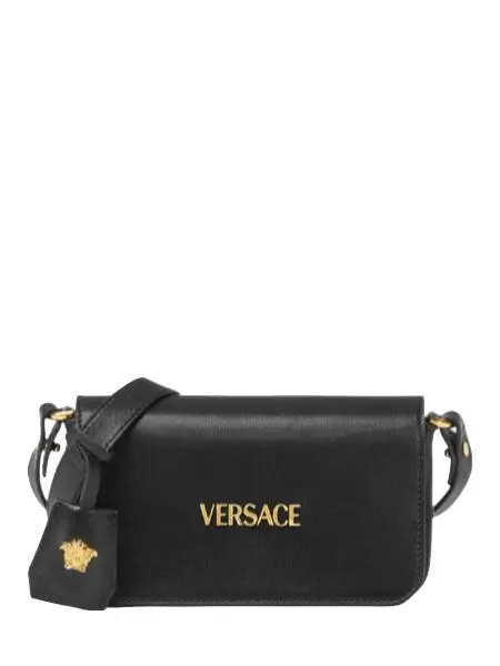 Versace Logo Plaque Foldover Shoulder Bag - Black/gold