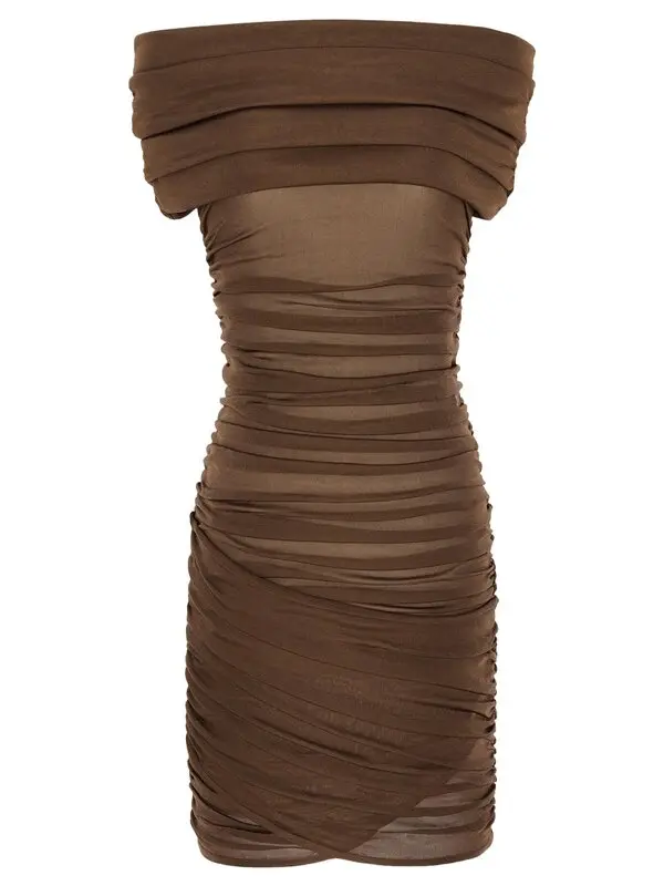 Saint Laurent Off-the-shoulder Ruched Knit Dress - Brown