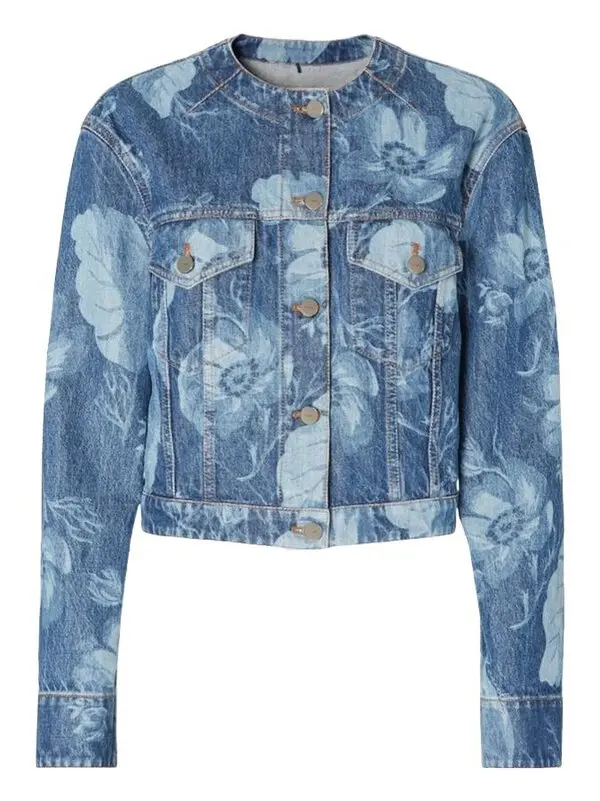 Fendi Floral Printed Cropped Crewneck Denim Jacket - Blue