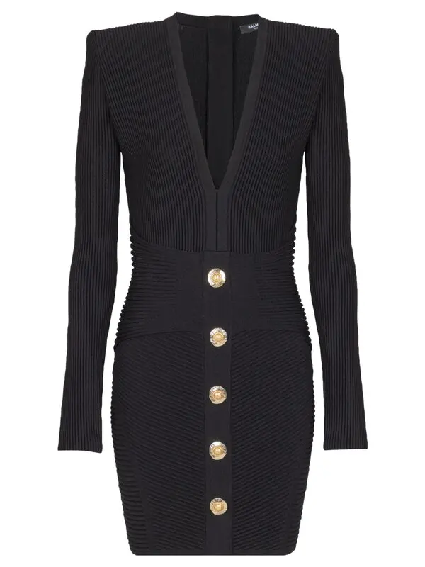 Balmain Ribbed Long-sleeved V-neck Dress With Gold Coin Buttons - Black