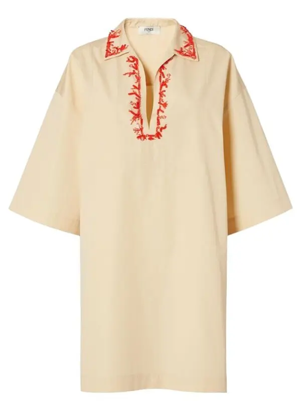 Fendi Beige Poplin Short Tunic Dress With Coral Embroidery - Light Brown