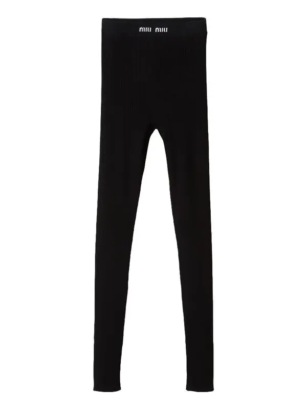 Miu Miu High Waist Ribbed Leggings With Logo Band - Black