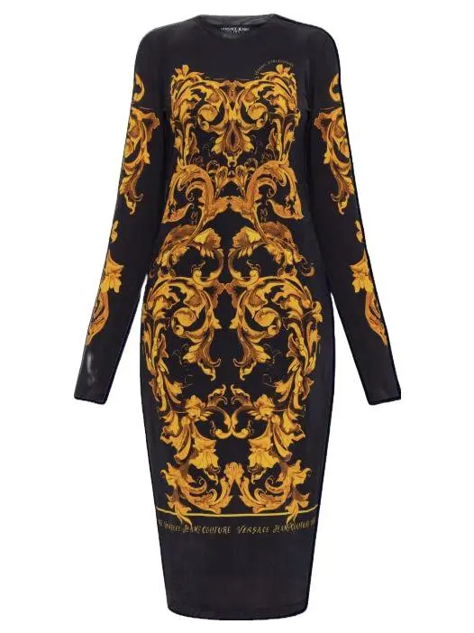 Versace Barocco Print Long Sleeve Midi Dress - Black