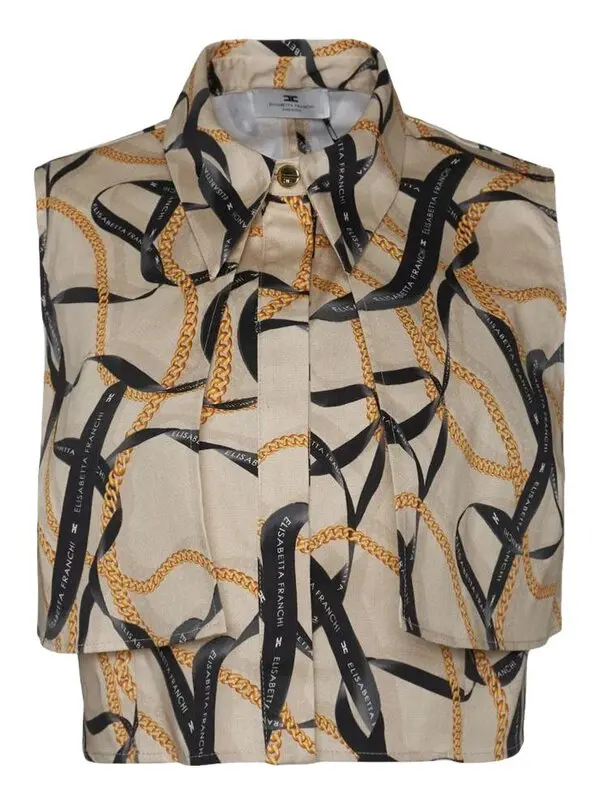 Elisabetta Franchi Sleeveless Printed Shirt With Classic Collar - Beige