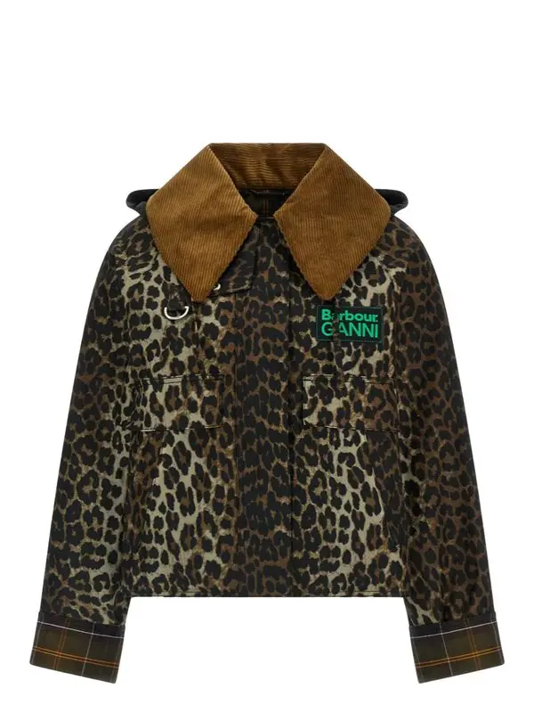 GANNI Barbour X Short Parka Jacket With Leopard Print And Detachable Hood - Black