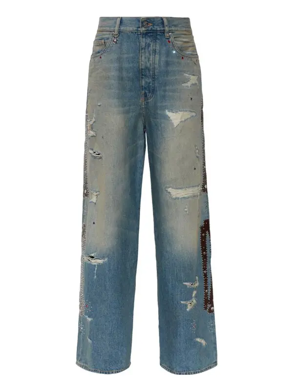 Amiri Bones Studded Distressed Jeans - Driftwood Blue