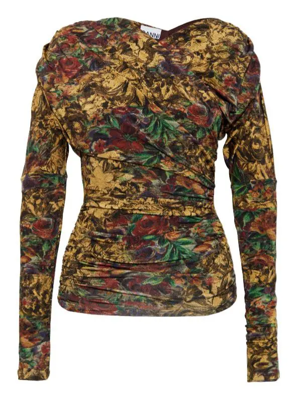 GANNI Long Sleeve Draped Top With Graphic Pattern - Green