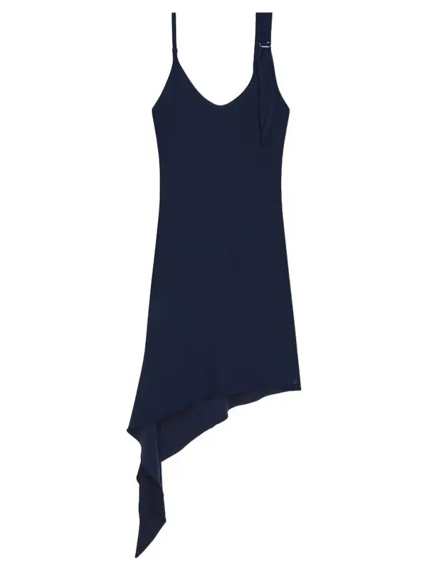 COURREGES Asymmetrical Dress With Shoulder Buckles And Side Slits - Navy Blue