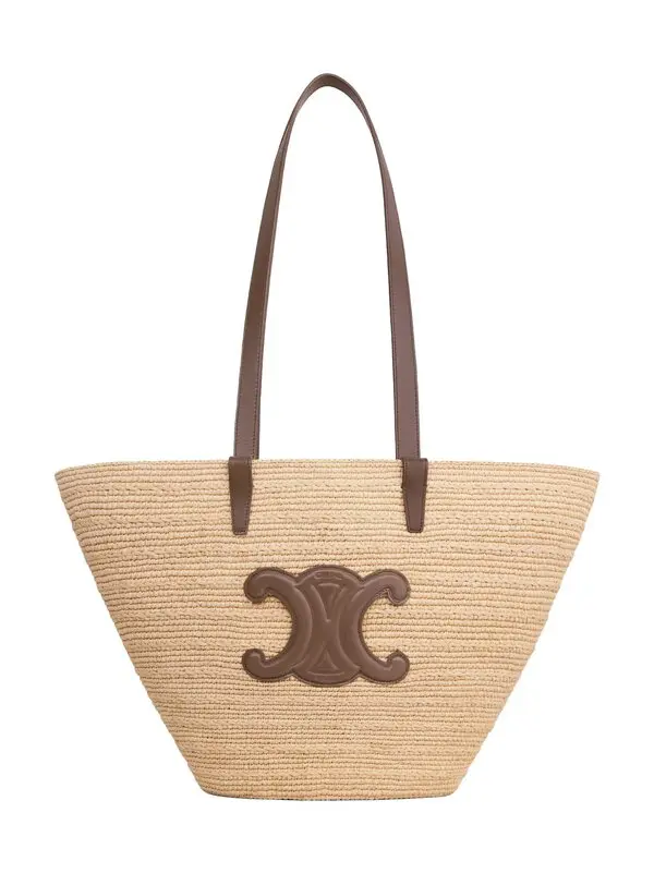 Celine Medium Supple Classic Panier In Raffia And Calfskin - Glaze Brown