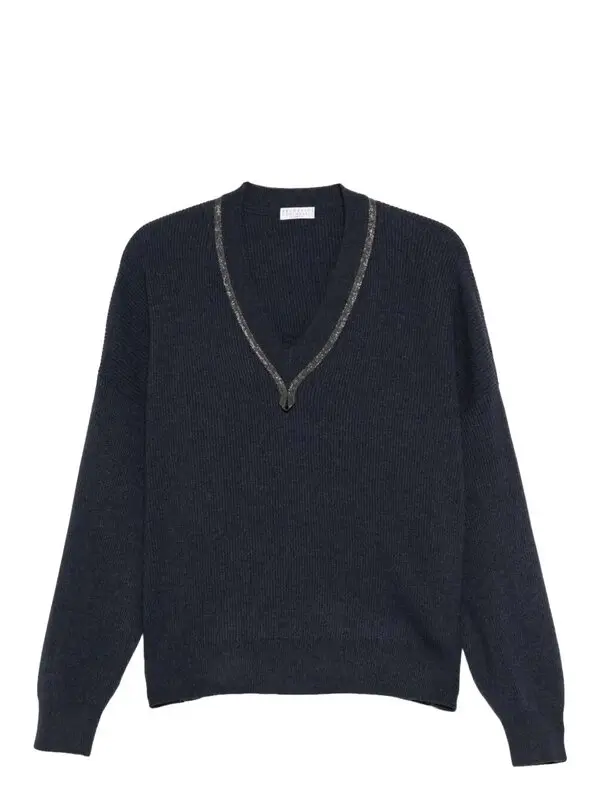Brunello Cucinelli Monili Trim V-neck Cashmere Top - Black