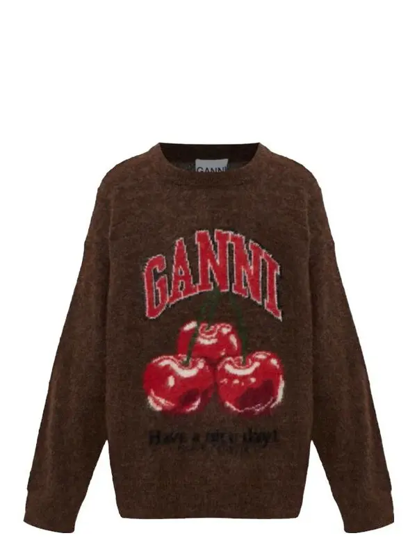 GANNI Cherry Patterned Oversized Knit Jumper - Green