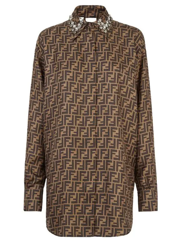 Fendi Logo Jacquard Midi Dress With Crystal Embellished Collar - Brown
