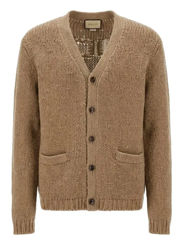 Gucci V-neck Long-sleeved Cardigan With Embroidered Logo - Brown
