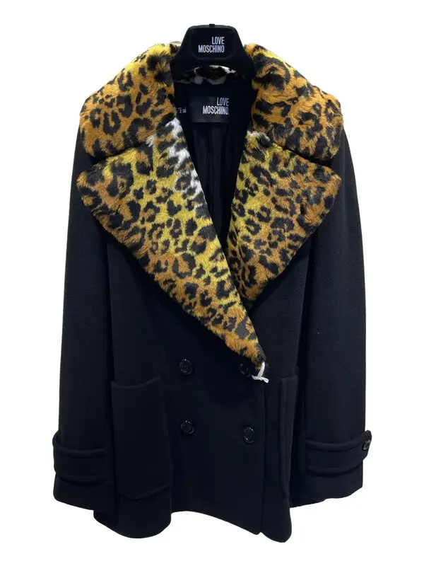 Moschino Long-sleeved Coat With Leopard Print Collar - Black