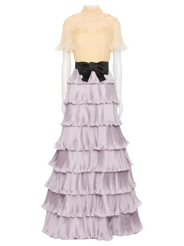 Valentino Garavani High Collar Short Sleeve Dress With Ruffled Trims - Purple