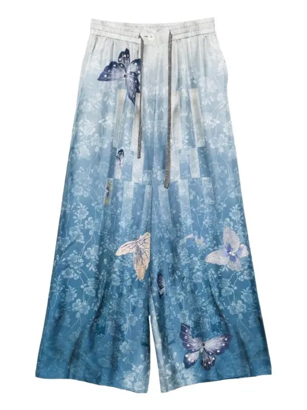 PIERRE-LOUIS MASCIA Printed Butterfly And Floral Wide-leg Pants - Blue